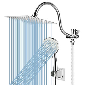 Taiker Shower Head, 8 Inch High Pressure Rainfall Shower Head/Handheld Showerhead Combo with 11.5 Inch Adjustable Curved Arm, Anti-leak Shower Head with Holder/Hose, Flow Regulator, Chrome (Silver)