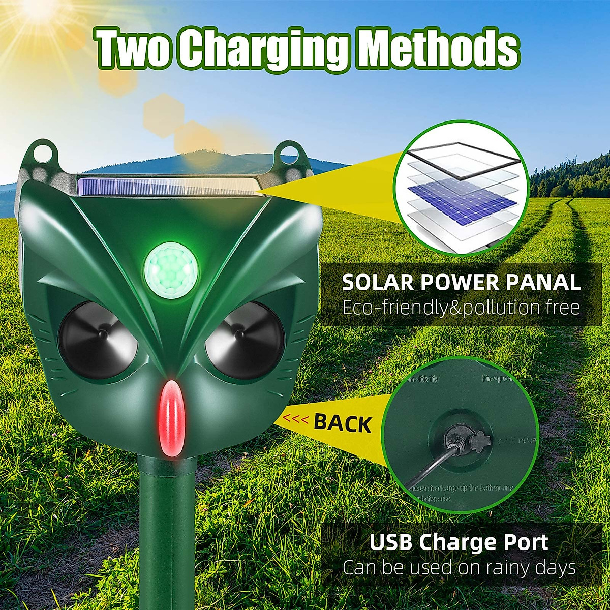 2 Pcs Solar Ultrasonic Animal Repeller Outdoor Solar Animal Repellent with Motion Detector&Flashing Lights Waterproof for Rat, Squirrel, Deer, Raccoon, Skunk, Rabbit, Mole, Dog, Cat(Green)