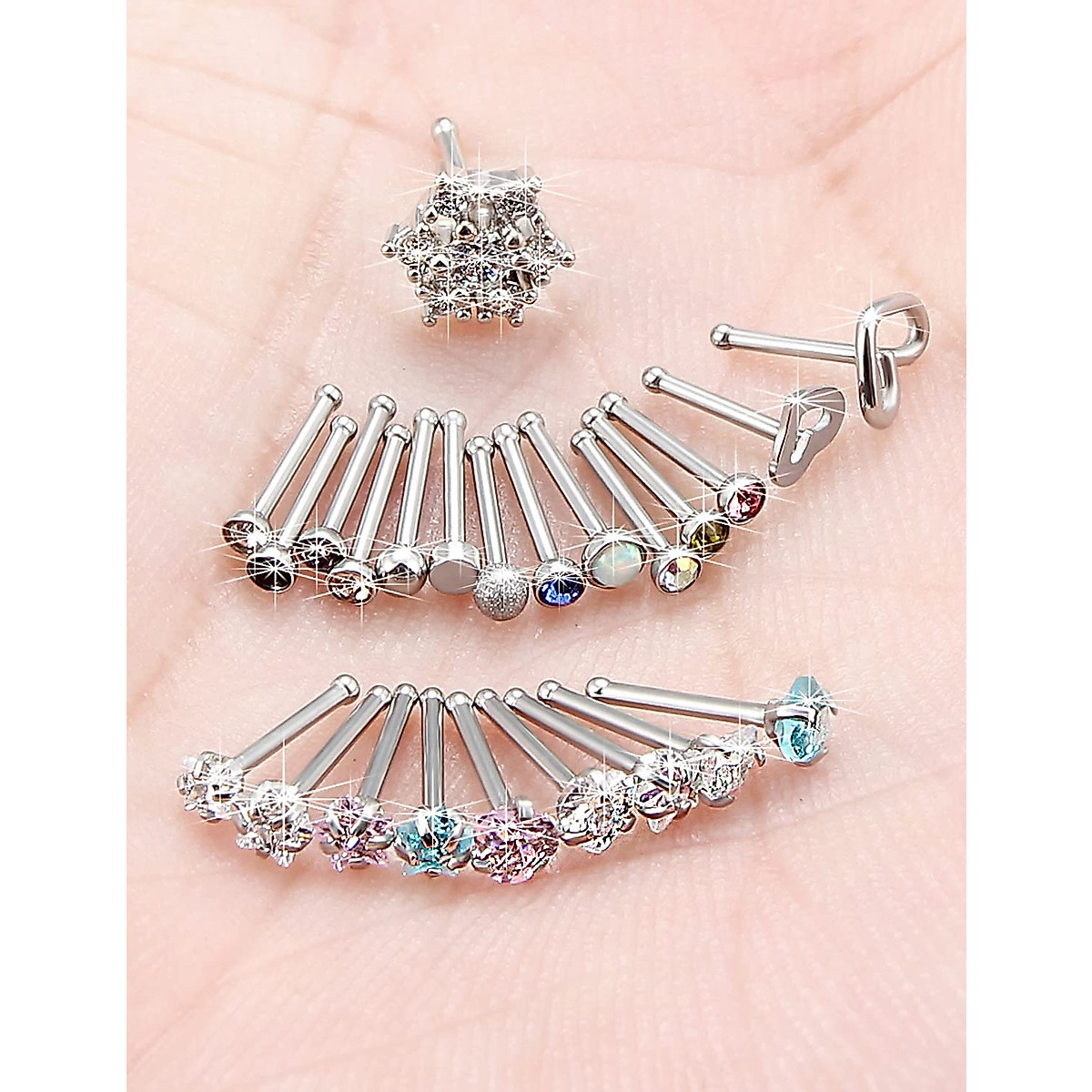 Prjndjw 44pcs 18G 20G Nose Rings Studs Nose Rings for Women Nose Piercings Jewelry Surgical Stainless Steel Straight Nose Studs Moon Star Heart Butterfly Hypoallergenic for Men