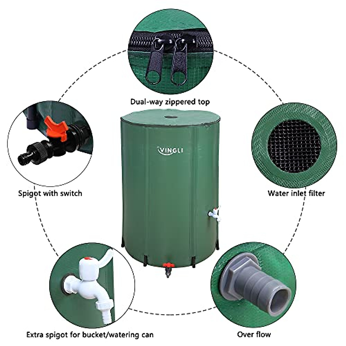 VINGLI 100 Gallon Collapsible Rain Barrel, Portable Water Storage Tank, Rainwater Collection System Downspout, Water Catcher Container with Filter Spigot Overflow Kit