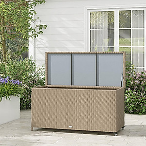 Outsunny 83 Gallon Deck Box, Large Outdoor Storage Chest, PE Wicker Trunk for Outside on Wheels for Garden Tools, Pool Supplies & Patio Furniture Cushions, Brown