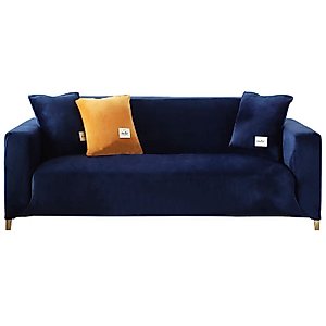Elehealthy Thick Velvet Sofa Covers 1 2 3 4 Seater Plush Sofa Slipcovers High Stretch Couch Cover Furniture Protector with 1 Pillowcase for Living Room Kids Pets (4 Seater, Navy Blue)