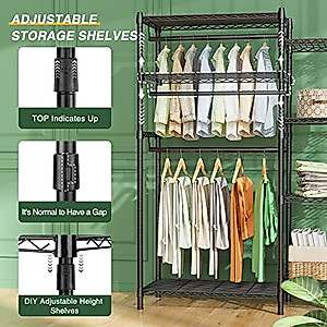 LEHOM G7 Heavy Duty Clothes Rack for Hanging Clothes, Portable Garment Rack Compact Size Closet Organizer, Freestanding Metal Clothing Rack Wardrobe Closet with Storage Shelves for Bedroom(Medium)
