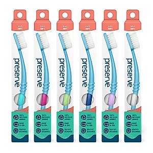 Preserve Eco Friendly Adult Toothbrushes, Made in The USA from Recycled Plastic, Soft Bristles, Paperboard Package, Colors Vary, 6 Count (Soft)