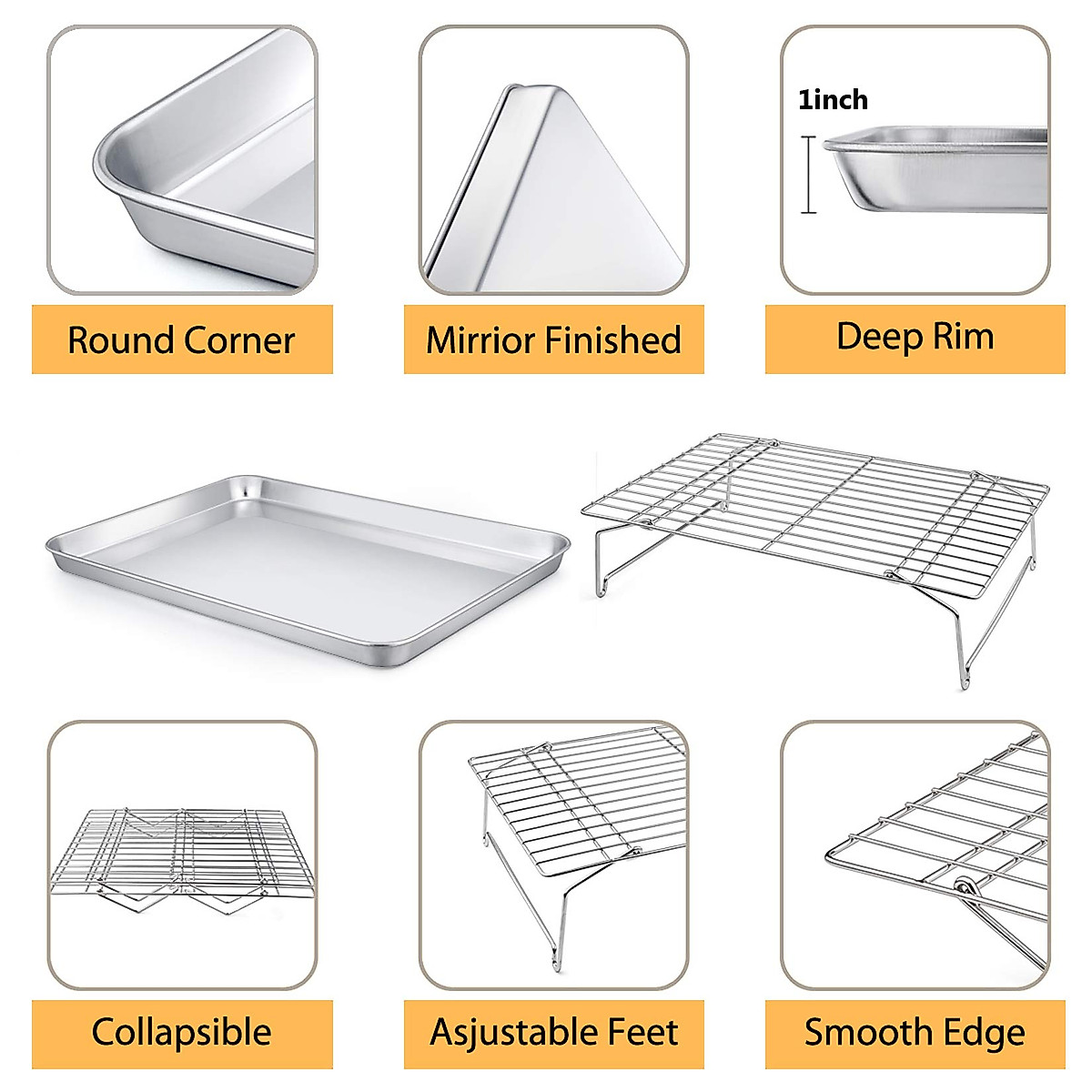 Baking Sheet and 2-Tier Cooling Racks Set, P&P CHEF Stainless Steel Baking Pan Tray with Stackable Cooking Wire Rack for Cookie Bacon Meat, Uncoated & Non-toxic, Mirror Finish& Dishwasher Safe - 3Pcs