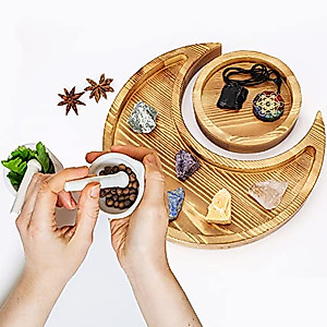 BestFire Moon Tray with Round Tray Crystal Holder Display Moon Tray Crystal Holder Wooden Crystal Organizer Essential Oil Dish for Rings & Jewelry -Mother's Day, Valentine's Day Gifts (Light brown)