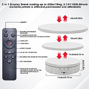 Remote Motorized Rotating Display Stand,3 in 1 Turntable Motorized White Lazy Susan with 5.74/7.08/8.66 inch Replacement Cover for Photography Products and Craft Shows（3 Modes