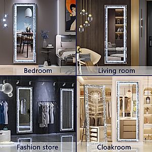 Hasipu Full-Length Mirror 63”×20” with Lights and Crystal Crush Diamond, Wall Mounted Hanging Diamond Mirror Leaning for Living Room Bedroom