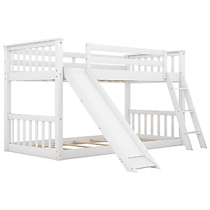 Oudiec Twin Over Twin Bunk Bed with Convertible Slide & Fence, Wood Bunk Bed Frame with Ladder&Safety Guardrail,No Box Spring Needed, White