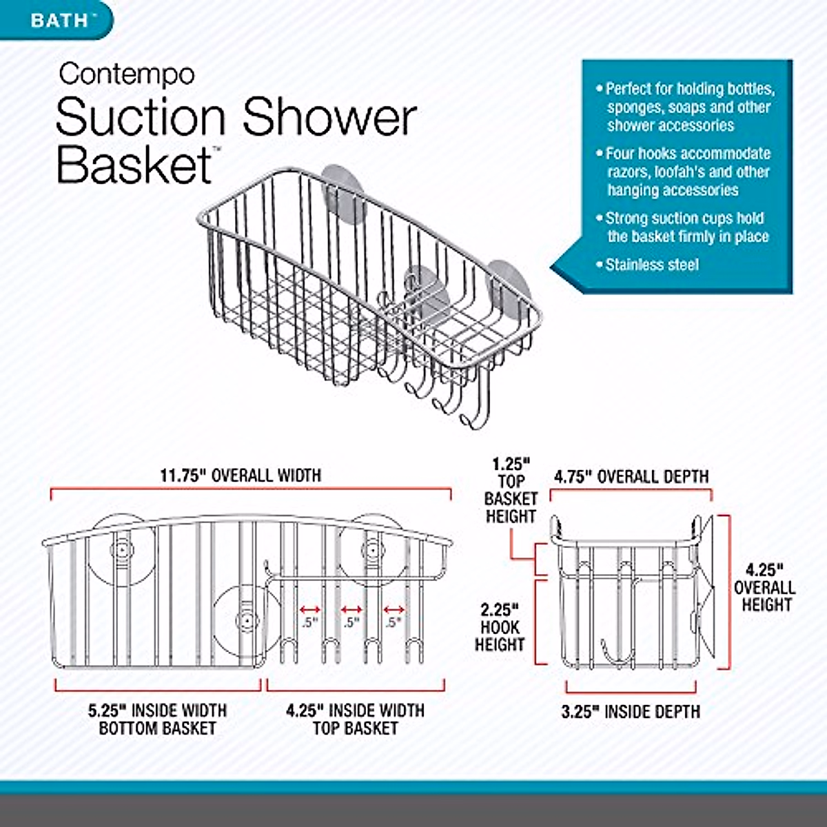 Spectrum Diversified Bathroom Contempo Shower, Stainless Steel, Basket w/Hooks