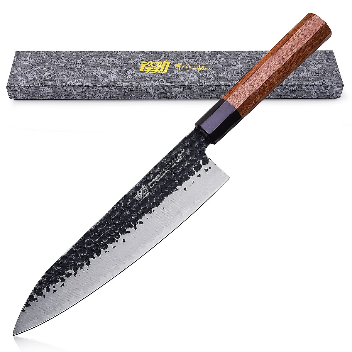 FINDKING Dynasty Series Japanese Chef Knife, Professional Kitchen Knife, 9Cr18MoV High Carbon Steel Blade, African Rosewood Octagonal Handle, Sharp, for Meat Cutting, 8 Inches