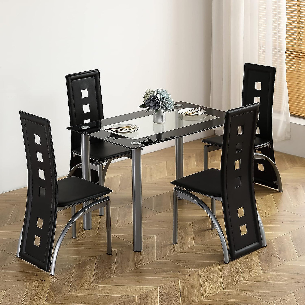 Kootlena 5 Piece Black Modern Glass Dining Table Set for 4, 43" x 27.6" x 28.9" Rectangular Tempered Glass Table with 4 PVC Leather Chairs