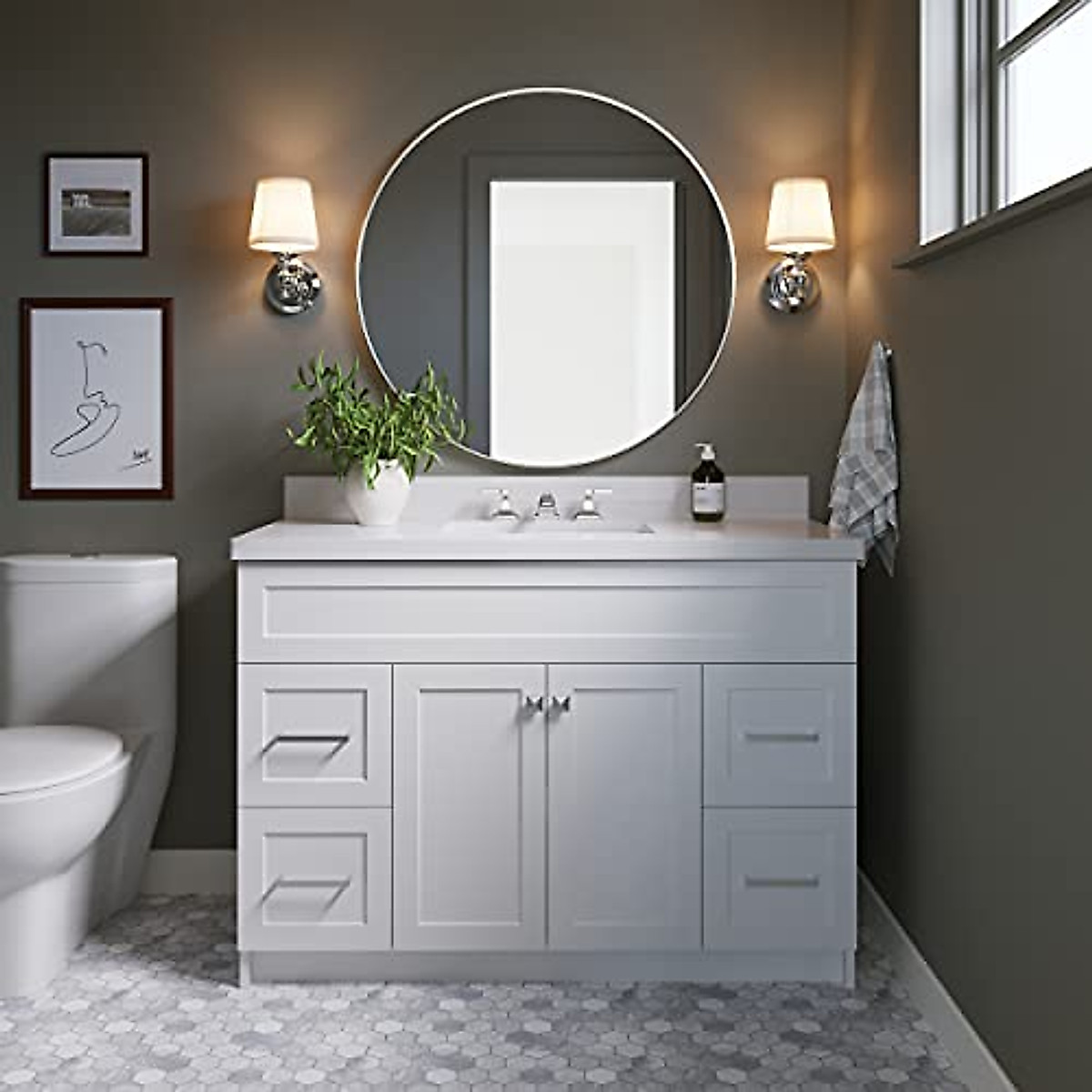 ARIEL 49" White Bathroom Vanity with 1.5" Edge Pure White Quartz Countertop & Splash, Rectangular Sink, 2 Soft Closing Doors, 4 Full Extension Dovetail Drawers, Built in Toe Kick, Brushed Nickel