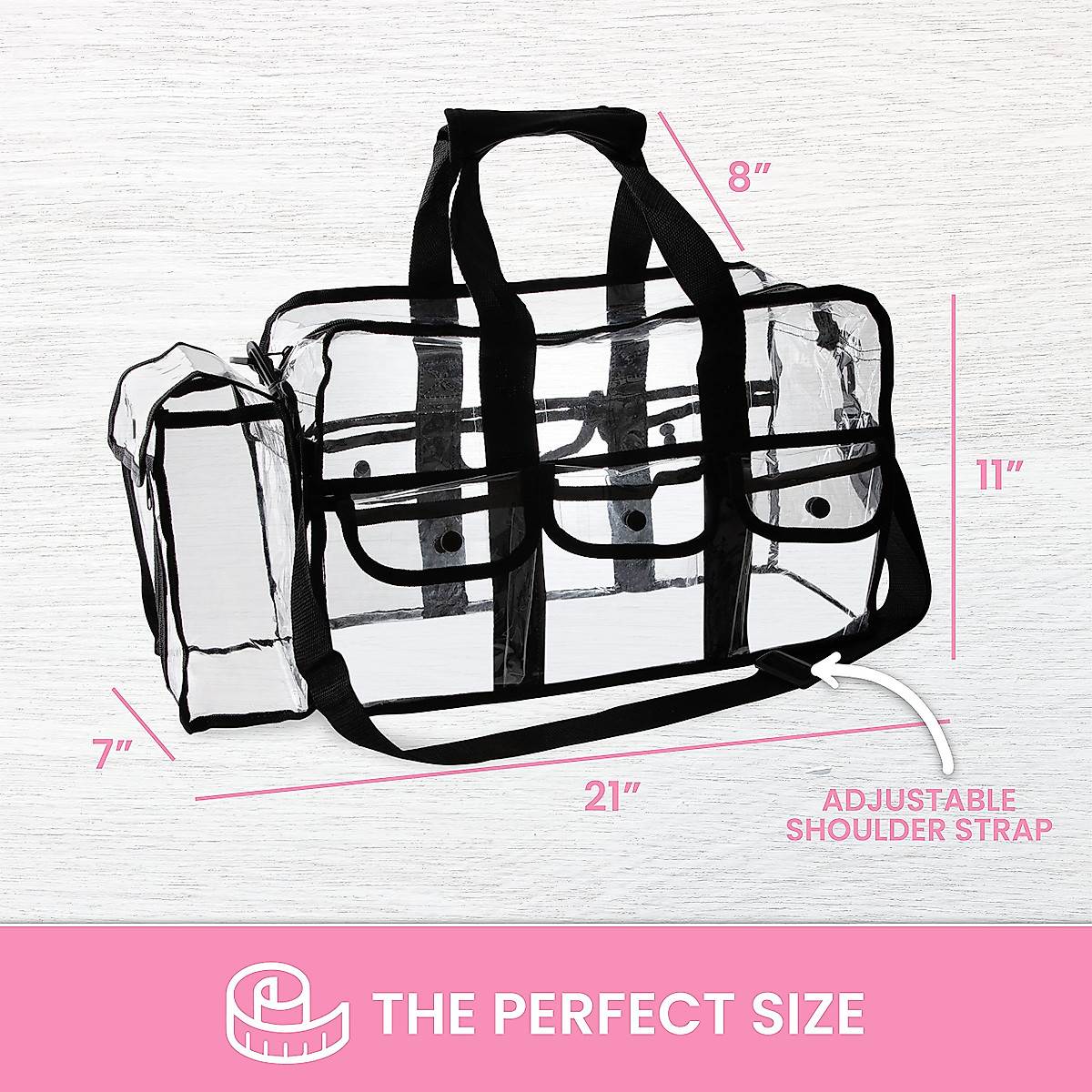 Large Clear Makeup Organizer Bag 17 inch x 9 inch x 10 inch, Cosmetic Bag with Sturdy Zipper and 4 External Pockets for Toiletries Adjustable Strap