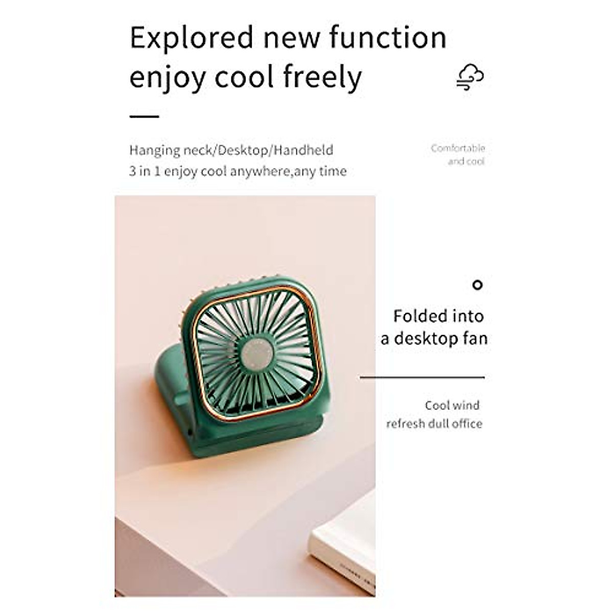 New 2021 Upgrade Handheld Fan Small Personal Fan with 3 Speeds Neck Rechargeable Portable Fan Powerful Mini USB Outdoor Fan Quiet Small Desk Fan Free Angle Good for Travel Home Office School - Green