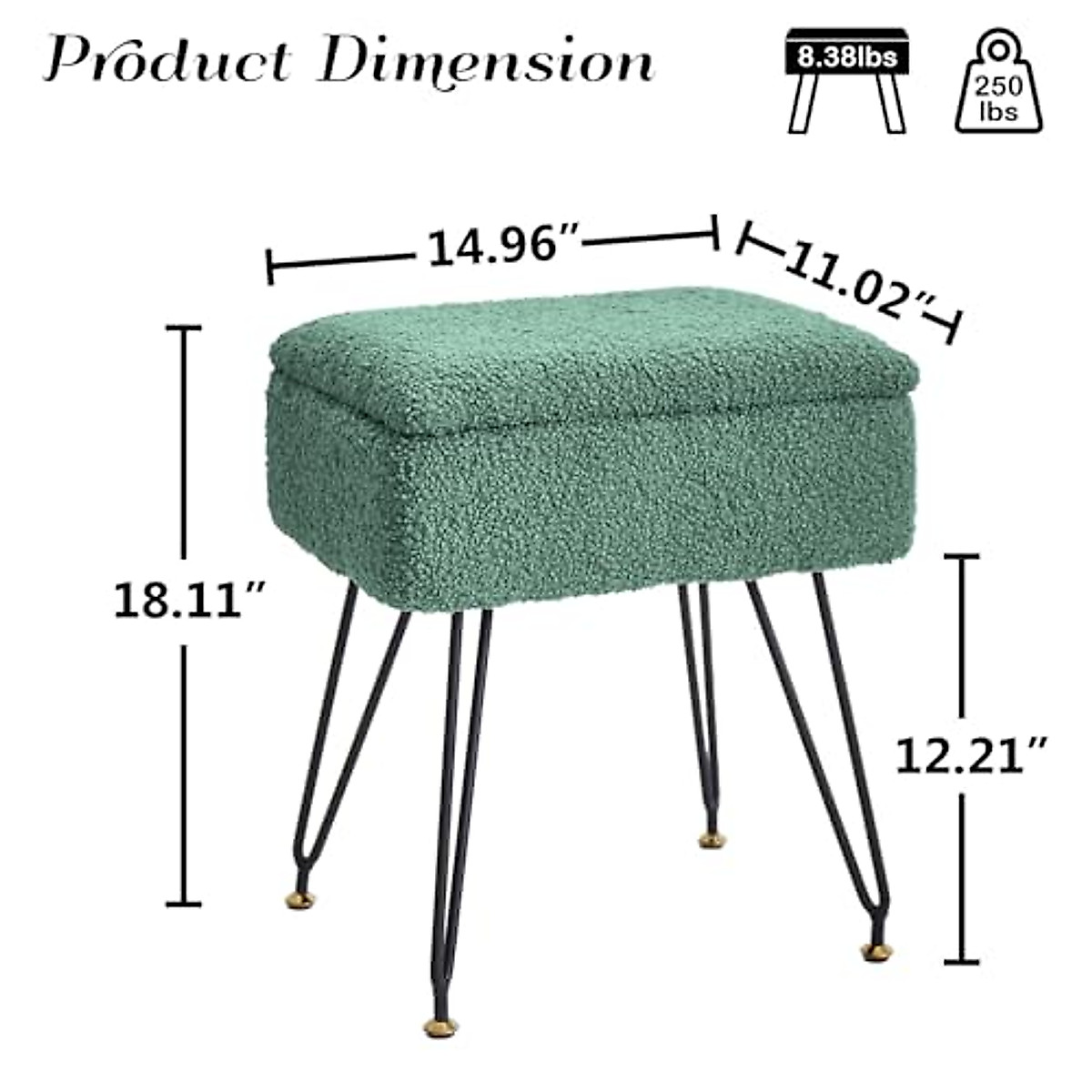 Leesingdo Vanity Stool Chair, Faux Teddy Fur Ottoman Foot Stool with Metal Legs & Adjustable Black Feet, Flip Top Storage Makeup Stool with Soft Padded Seat, Foot Rest for Makeup Room Bedroom, Green