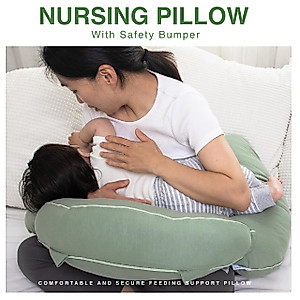 Pharmedoc Nursing Pillow for Breastfeeding - Breast Feeding Pillows with Safety Bumper and Adjustable Waist Straps - Removable Cover, Sage - Baby Essentials for Newborn - Full Support for Mom and Baby
