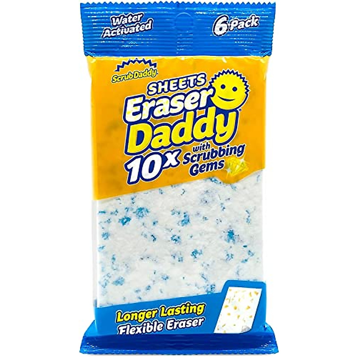 Scrub Daddy Eraser Daddy Sheets - 10x More Durable Than Traditional Erasers with Scrubbing Gems - Removes Dirt, Scuffs & Stains - Water Activated Sponge Eraser Sheets (6 Pack)