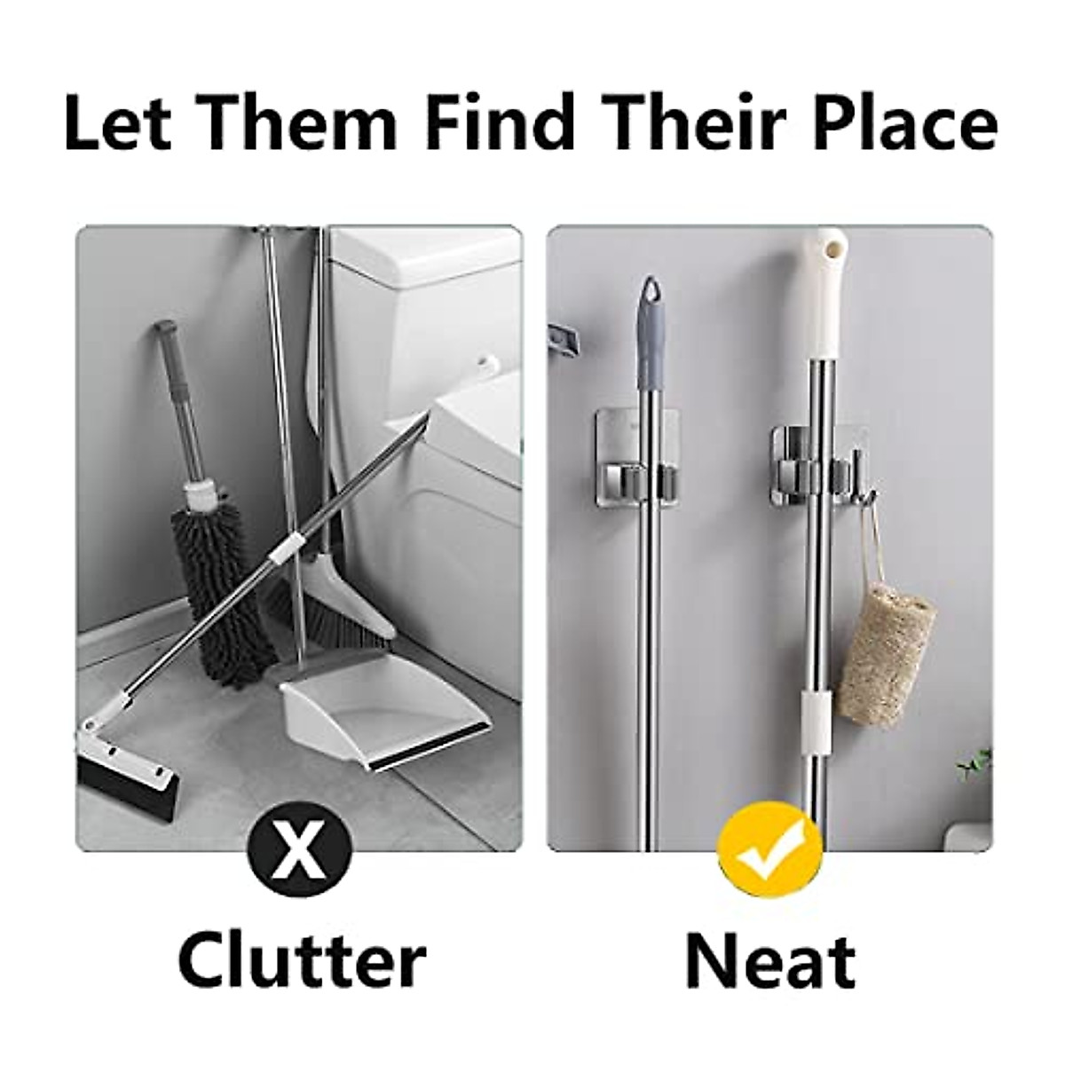 (4 PCS) Broom Holder Wall Mount self Adhesive Mop Hanger Hook Racks Brush Broom Gripper Holds 304 Stainless Steel for Bathroom Kitchen Closet Garage Garden Organizer