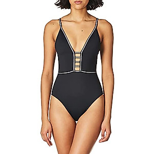 La Blanca Women's Standard Plunge Mio One Piece Swimsuit, Black/White//Zig and Zag, 2
