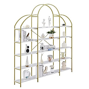 Merax Bookshelf 5 Tiers Bookcase, Gold Display Shelf Organizer with X Bar Frame, Crown-Shaped Design, White