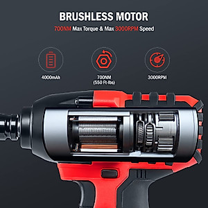 Aiment Cordless Impact Wrench 1/2 inch, 550 Ft-lbs Max Torque(700NM), 21V 3000RPM Brushless Power Impact Gun, 4.0Ah Li-ion Battery with Fast Charger, 6Pcs Sockets, Electric Impact Driver for Car Home