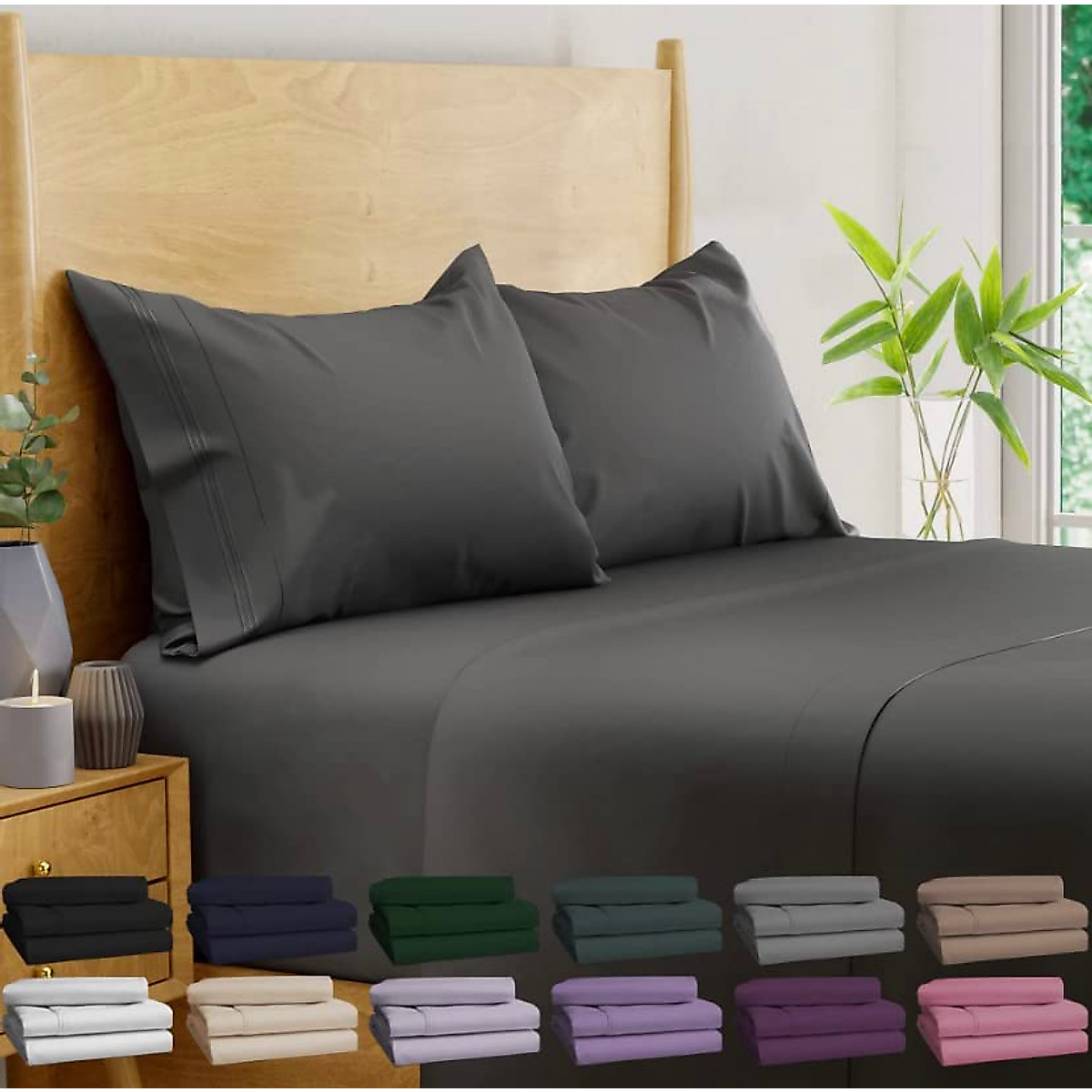 BAMPURE Bamboo Sheets Queen Size - 100% Viscose from Bamboo - 4PC Set - Super Soft Cooling Sheets - Up to 16’’ Deep Pocket - Luxury Series - 1 Flat Sheet,1 Fitted Sheet,2 Pillowcases (Stone Grey)