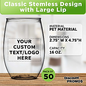 Custom Plastic Stemless Wine Glasses 16 oz. Set of 50, Personalized Bulk Pack - BPA Free, Great for Outdoor Lounges, Poolside, Parties and Other Events - Clear