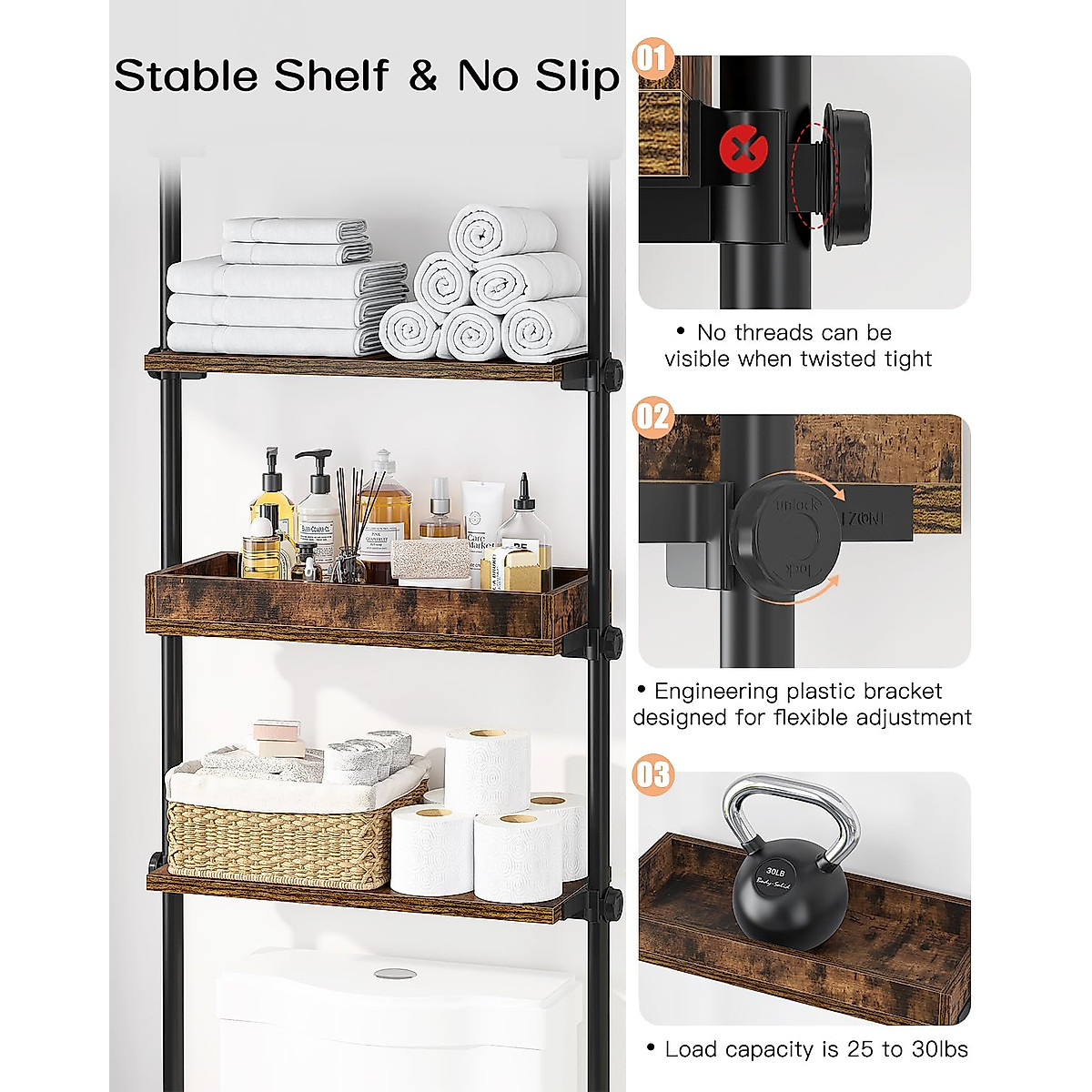 ALLZONE 4-Tier Over The Toilet Storage Shelf, Wood Bathroom Organizer Over Toilet Cabinet with Adjustable Shelf, Versatile Rack Fits Most Tight Space, Easy Assembly, 92" to 116" Height, Rustic Brown