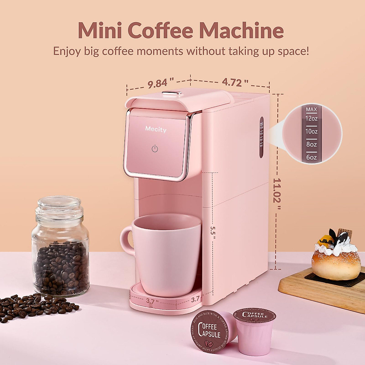 Mecity Pink Coffee Maker Mini Single Serve Coffee Machine Compatible with K Cup Capsule, Ground Coffee, Loose Tea, Small Coffee Pot For Home Use, RV, Apartment, Auto Shut Off 120V 1000W
