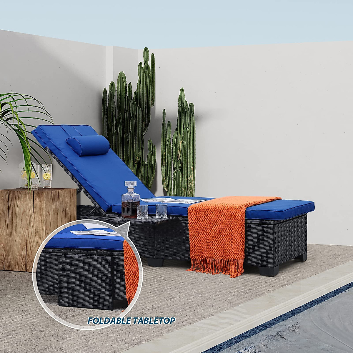 WAROOM Outdoor Chaise Lounge Chair PE Wicker Patio Furniture Set of 2 Black Rattan Pool Lounge Chairs Adjustable Backrest Recliners with Royal Blue Cushion