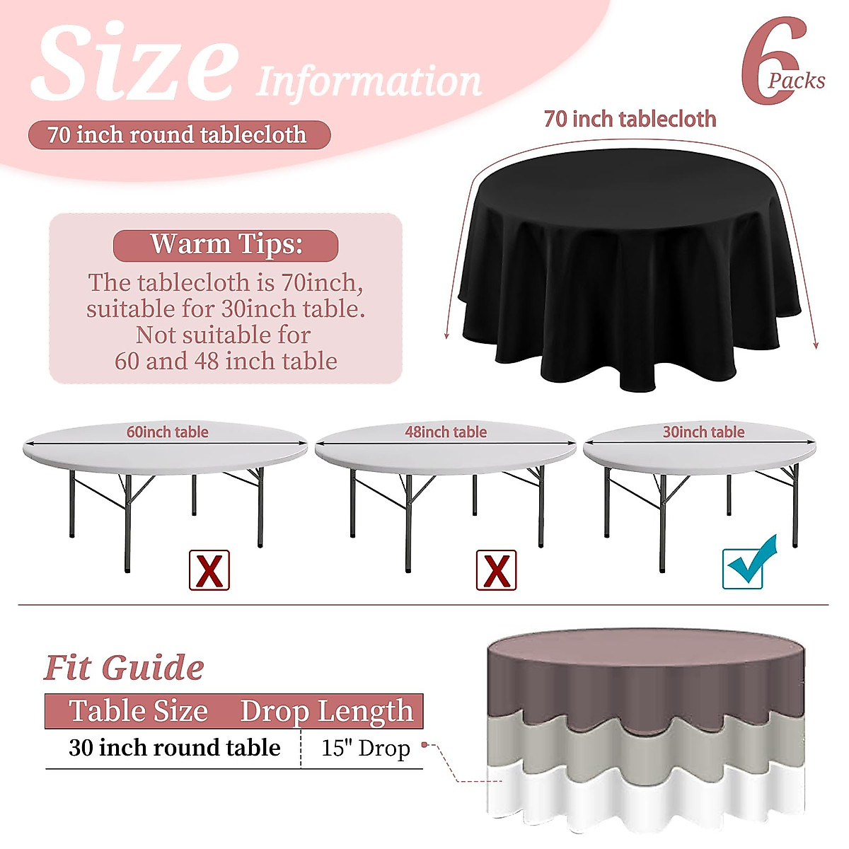 6 Pack Polyester Round Tablecloth 70 inch Black Table Cloths Water Resistant Polyester Cloth Round Tablecloths Washable Tablecloth for Party,Wedding Reception,Restaurant Banquet,BBQ,Dinner,Gift Table