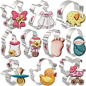 LILIAO Baby Shower Cookie Cutter Set - 10 Pcs - Footprint Dress Carriage Pacifier Ribbon Duck Rattle Elephant Bottle Baby Biscuit Cutters - Stainless Steel