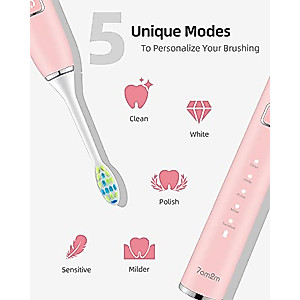 7AM2M Sonic Electric Toothbrush with 6 Brush Heads for Adults and Kids, One Charge for 90 Days, Wireless Fast Charge, 5 Modes with 2 Minutes Built in Smart Timer, Electric Toothbrushes(Pink)