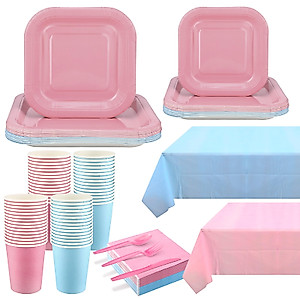 meekoo 212 Pcs Baby Shower Gender Reveal Party Supplies Serves 30 Guests Assorted Disposable Paper Plates and Napkins Set Blue and Pink Gender Reveal Party Plates Napkins Cups Cutlery (Square Plate)