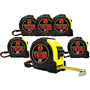 Triton - 6 Pack - 25 ft Tape Measures - Easy to Read Fractions to 1/8th inch - Magnetic Claw Tip - Thumb and Quick Lock - Autowind - Belt Clip