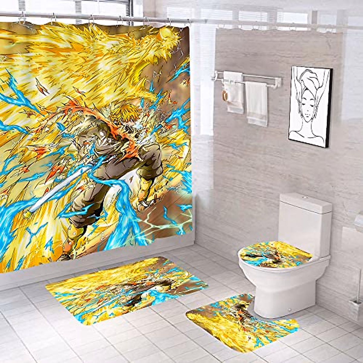 4 Piece Anime Shower Curtain Set with Non-Slip Rug, Toilet Lid Cover, Bath Mat and 12 Hooks, Waterproof Shower Curtain Set for Bathroom