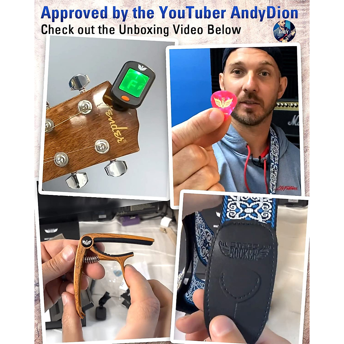 Stage Rocker Guitar Accessories Gift Box for Acoustic and Electric Guitars, Blue Jacquard Weave Guitar Strap, Picks, Capo, Tuner, Cleaning Cloth, 5-in-1 Essential Gift