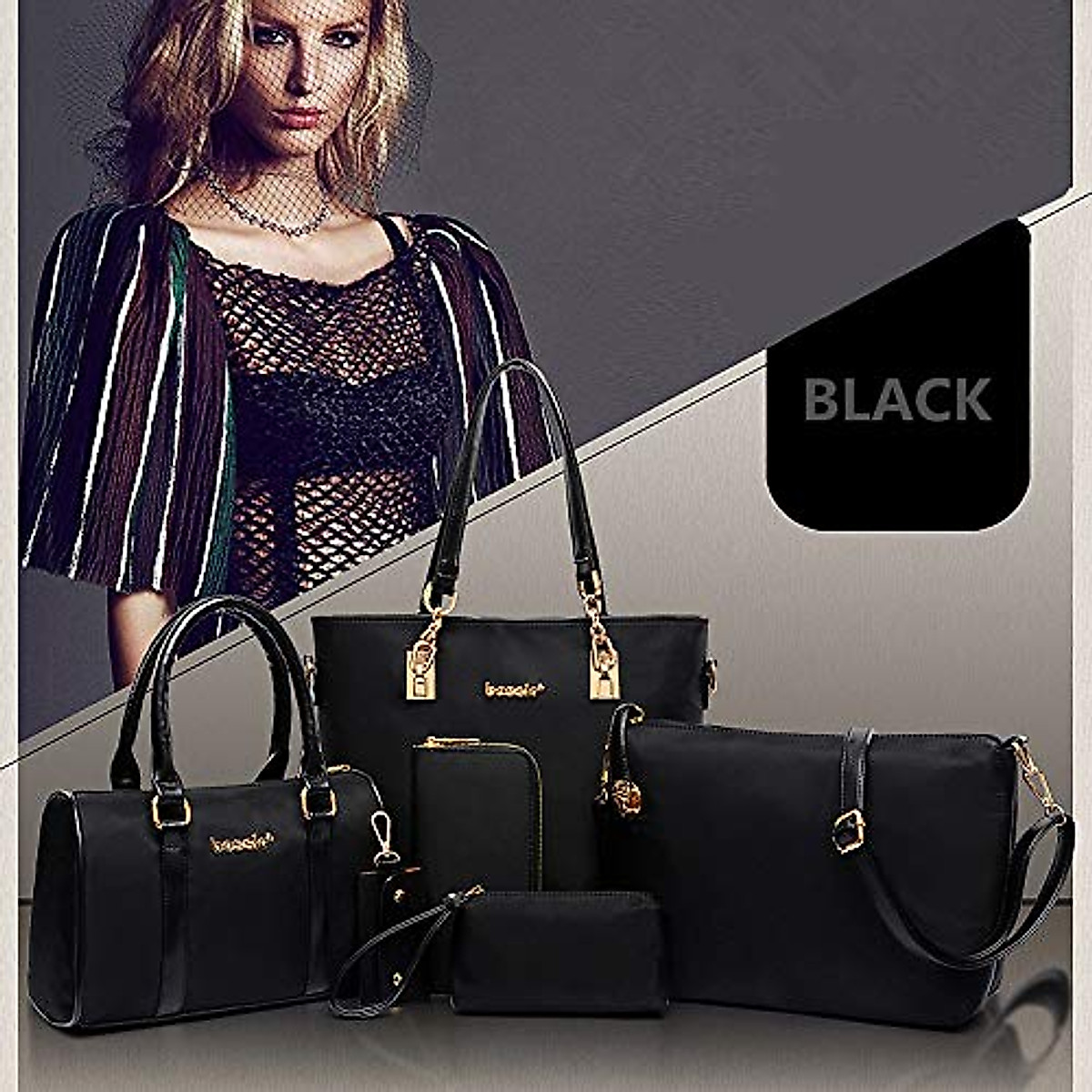 AlwaySky Women Shoulder Bag 6 PCS Top-Handle Handbag Tote Purse Wallet Key Case Set (Black)