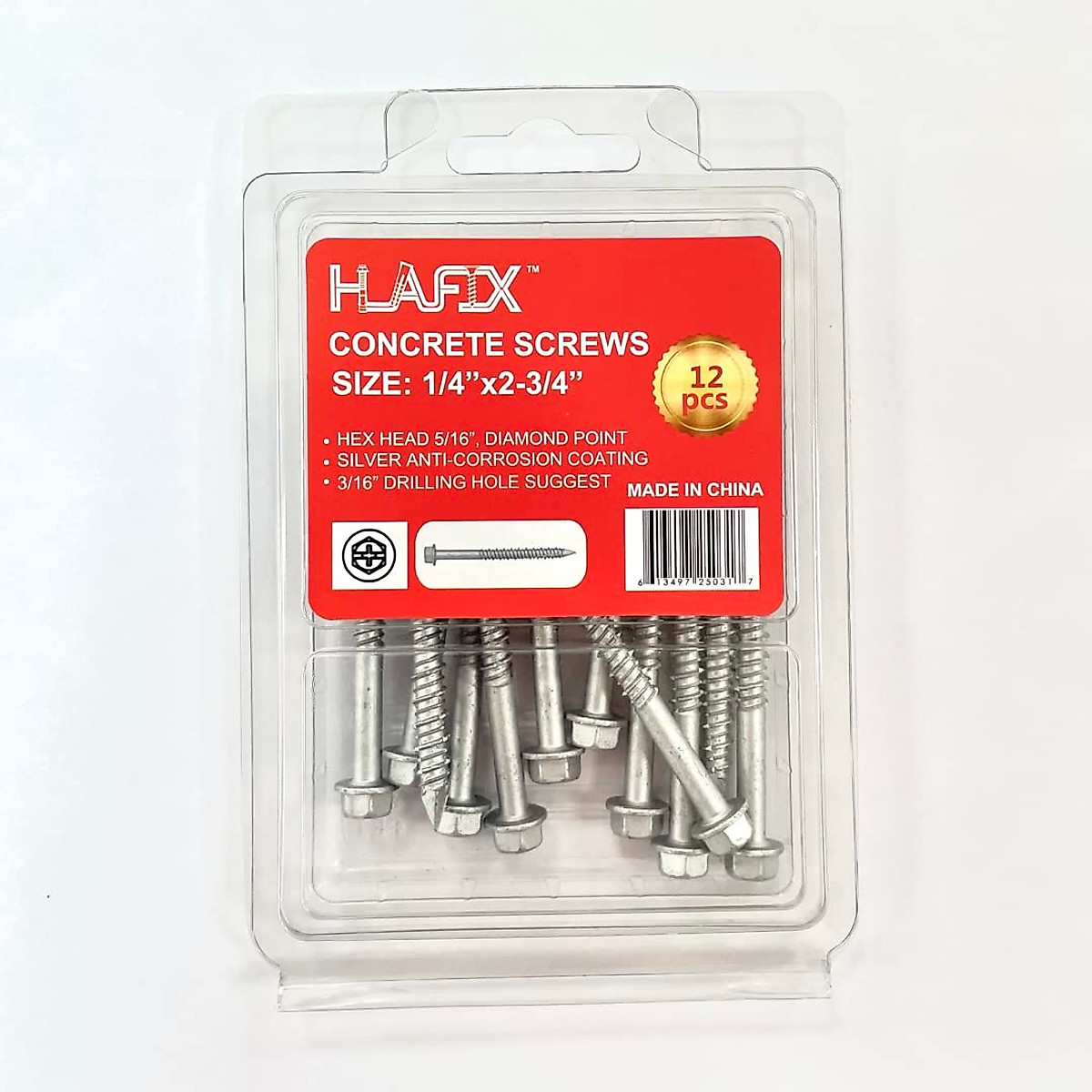 HLAFIX Fastener SS410 1000hrs Anti-Rust Silver Ruspert Coating Concrete Screw 1/4”x2-3/4”, Hex Washer Head, Diamond Point, 12pcs in Blister Package