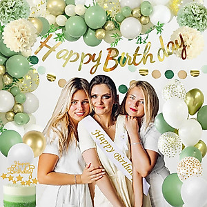 Upgraded Sage Green Birthday Party Decorations for Girls Women with Happy birthday Sash,Banner,Tissue Pompoms,Circle Dots Garland,Paper Tassels Garland, cake topper for Her Birthday Decor (sage green)