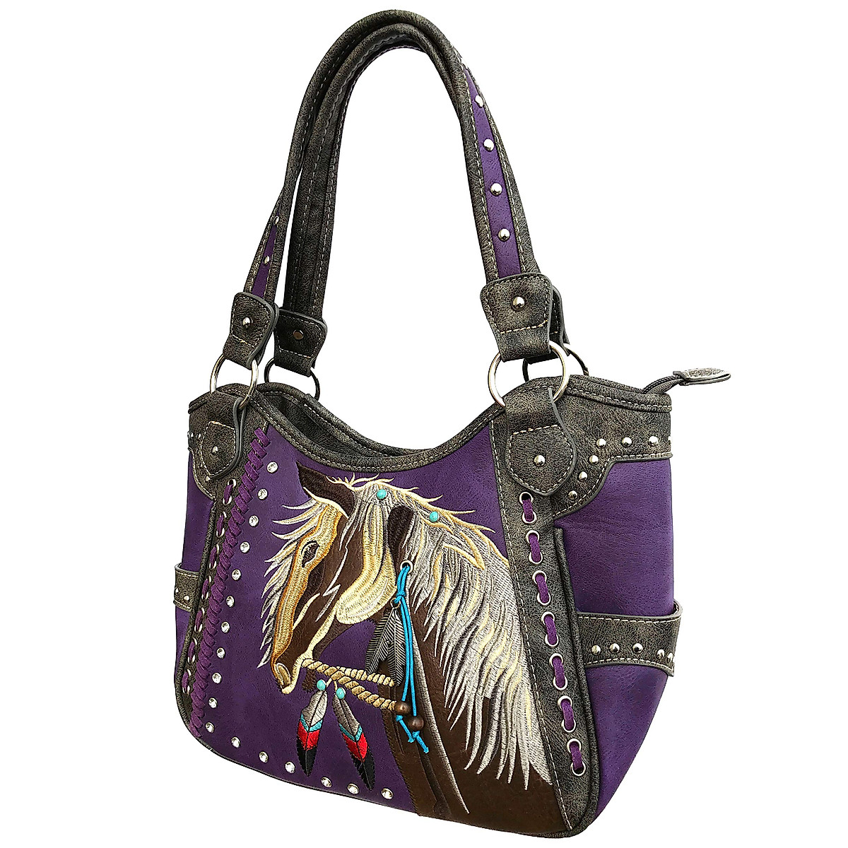 Zelris Dakota Dales Pony Horse Embroidery Mane Western Country Women Conceal Carry Tote Purse with Matching Wallet Set (Purple)