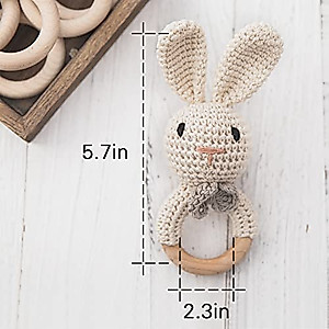 Youuys Wooden Baby Rattle Toys, Easter Bunny Rattle for Baby Crochet Bunny Rattle Toy Natural Wood, Shaker Rattle for Hand Grips, Boy Girl First Rattle Gift, Newborn Gifts (Bunny)