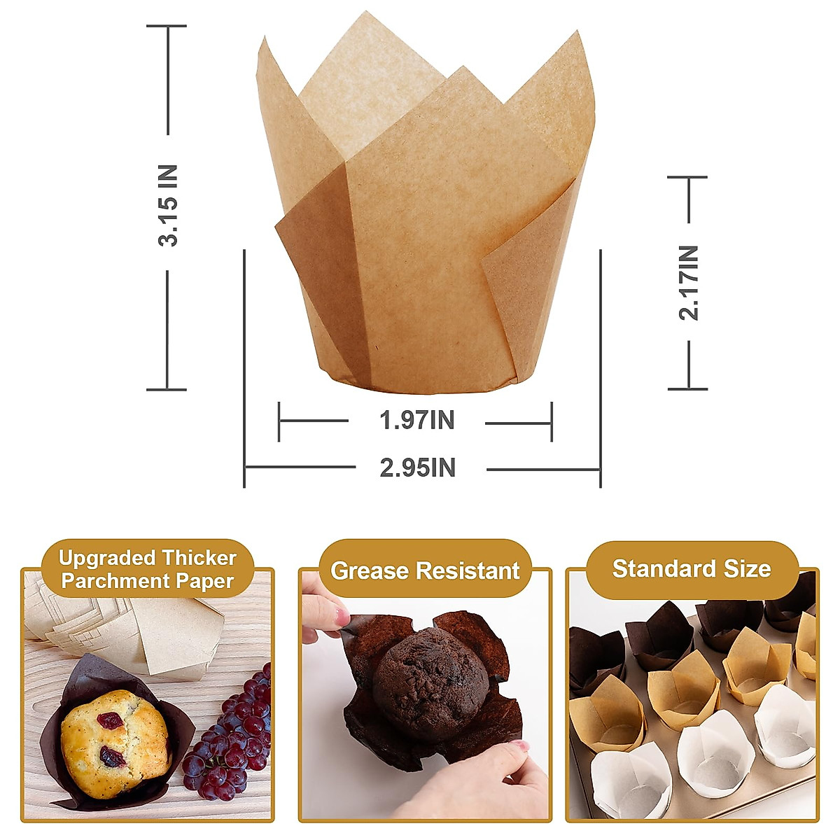 200pcs Tulip Cupcake Liners, Premium Muffin Liners Holders for Baking Cups, Greaseproof Cupcake Wrappers in Standard Size, Classic Parchment Paper Cupcake Liners for Party, Christmas by JIRNGLA