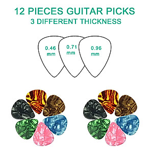 12 Pcs Celluloid Picks 0.46mm/0.71mm/0.96mm，With 3 Pcs Guitar Fretboard Stickers for Guitar Players