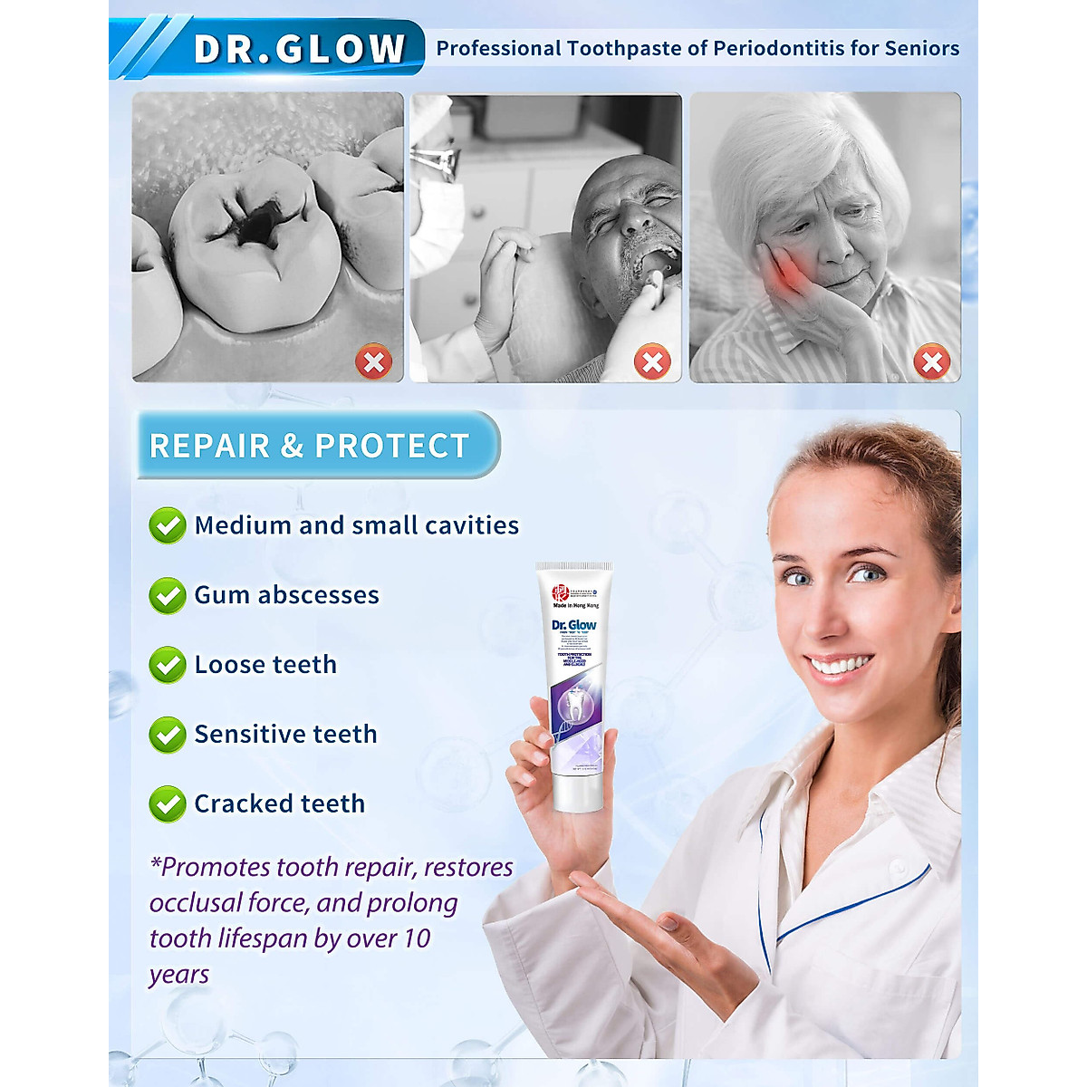 Dr. Glow Gingivitis Treatment Toothpaste for Elderly & Mid-Aged, Gum Repair for Receding Gums Hydroxyapatite Toothpaste, Periodontal Disease Treatment for Seniors, Fluoride Free Gum Disease Treatment