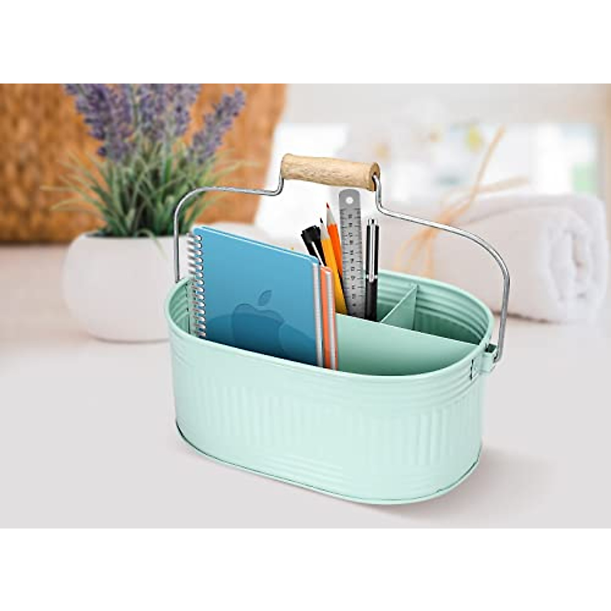 Alpha Living Home Farmhouse Utensil Caddy Carry-All Serveware-Galvanized Metal Organizer for Kitchen Counter-Comfort Wooden Handle In/Outdoor Storage For Flatware,Condiments,Party Cutlery,Arts-TEAL