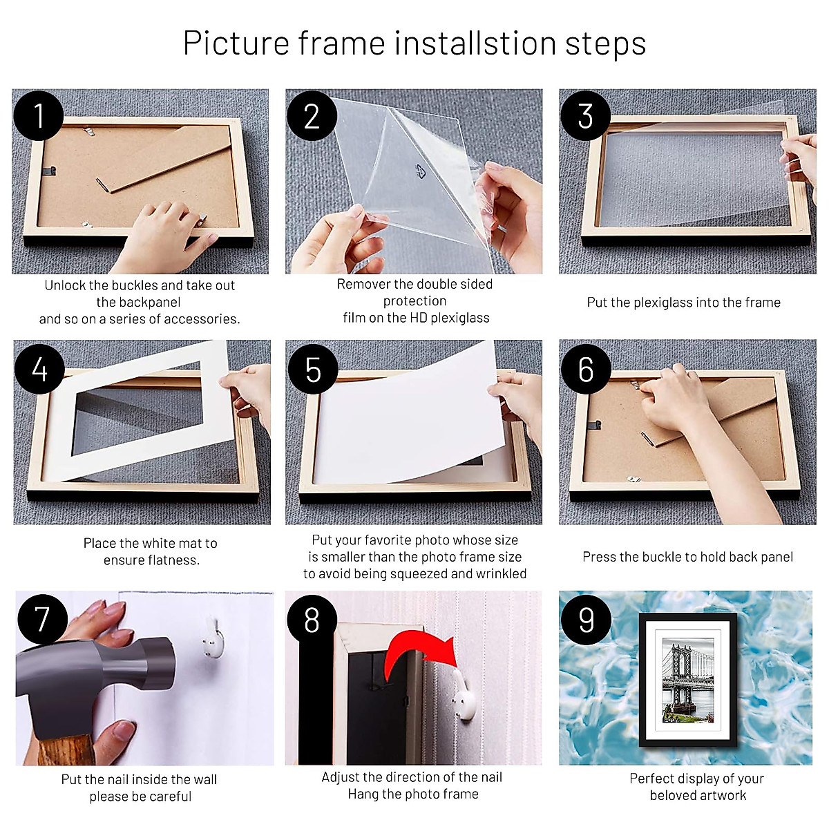 UHFWIFR 11x14 Picture Frames Solid Wood Display Pictures 9x12 or 8x10 with Mat or 11x14 Frame without Mat Poster Photo Frame Art with 2 Mats for Wall Mounting or Table Top(Black)