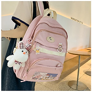 Kawaii Backpack with Cute Pins Bunny Plush Pendant, Aesthetic School Bags Bookbag, Lovely Japanese Ita Bag Daypack (Pink)