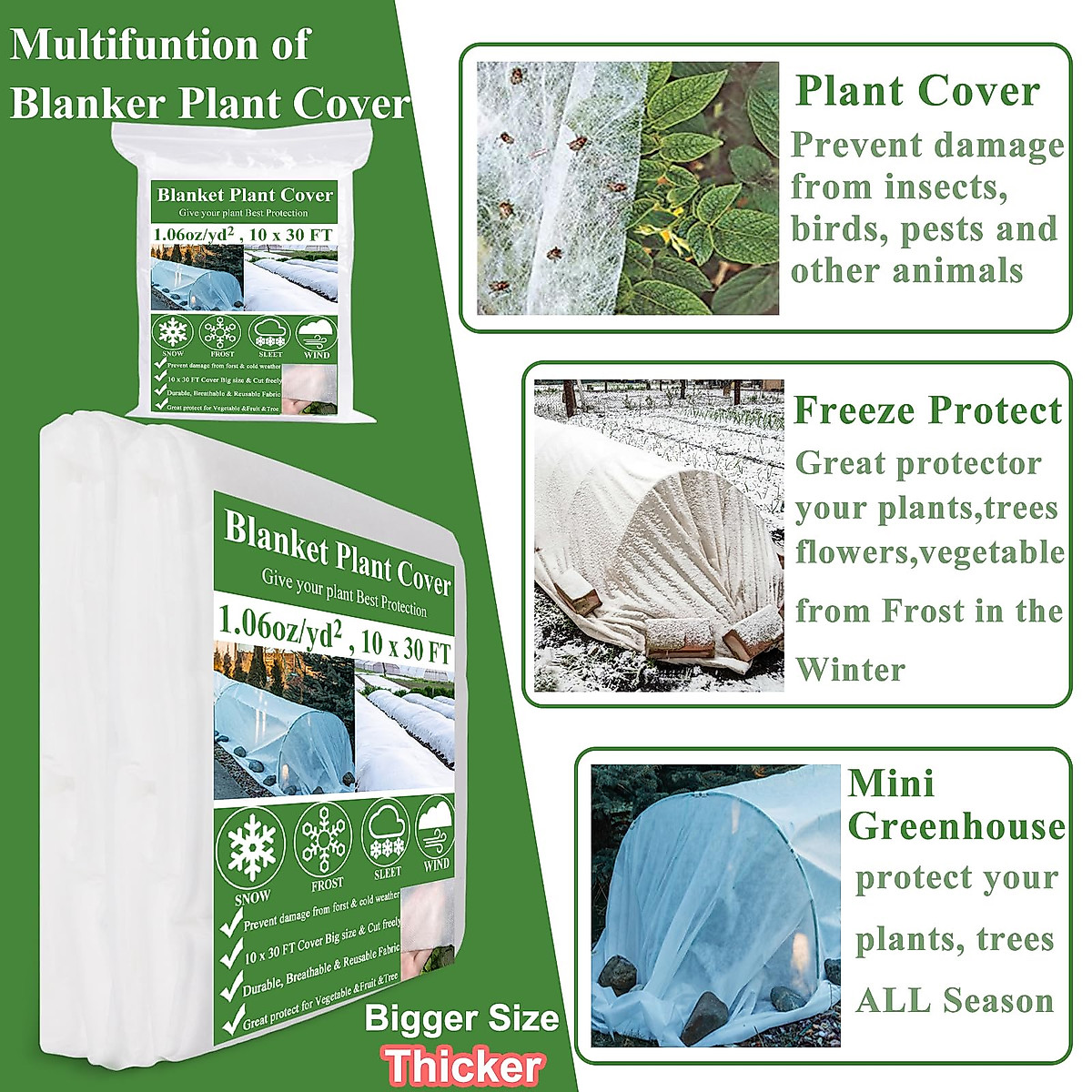 WYRJXYB Plant Covers Freeze Protection Kit 10 x 30Ft with 6Pcs Garden Hoops & 18 Clip-Frost Cloth Plant Blankets Floating Row Cover for Outdoor Plants Raised Bed Greenhouse Winter Frost Sun Protection